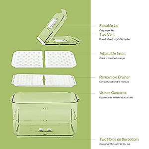 REFSAVER Produce Container Bins for Refrigerator Fruit Storgae Container with Foldable Lid Fridge Produce Saver with Removable Drain Tray Vegetable Baskets for Kitchen