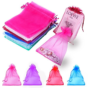 LYSXP 100 Pcs Organza Bags 5×7 Inches，Mesh Organza Jewelry Bags Drawstring, Small Drawstring Favor Pouches Christmas Candy Wedding Birthday Party Bags for Gift (Mixed Color,5"×7"……