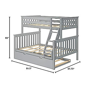 Max & Lily Bunk Bed, Twin-Over-Full Wood Bed Frame For Kids With Trundle, Grey