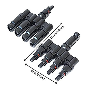 Hovico 1 Pair Solar Panel Connector MC-4 T Branch Connectors Cable Coupler Combiner - 1 Male to 4 Female (M/4F) and 1 Female to 4 Male(F/4M) for Parallel Connection Between Solar Panels