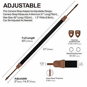 Padwa Lifestyle Black Camera Strap - Double Layer Crazy Horse Cowhide Head,1.5" Wide Pure Cotton Woven Camera Straps,Adjustable Neck Shoulder Strap for All DSLR Cameras,Great Gift for Photographers