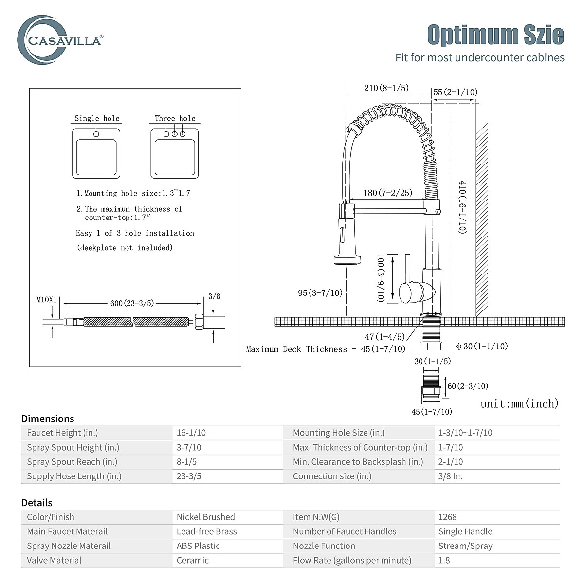 Kitchen Faucet, Commercial Kitchen Sink Faucets with Pull Down Sprayer, Stainless Steel Faucets for Kitchen Sinks, Dual Function Spray Head, Single Handle Spring Kitchen Faucets -Brushed Nickel