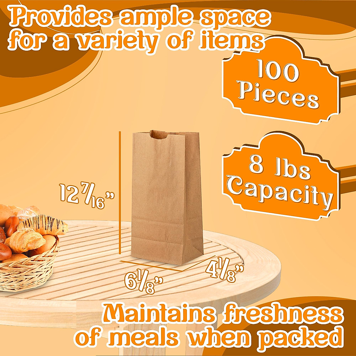 MT Products Brown Paper Bags 8 lbs. - Disposable Paper Lunch Bags Perfect for Shopping - Pack of 100