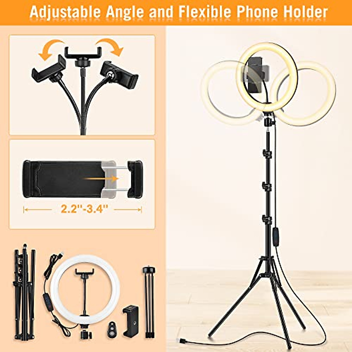10" Ring Light with 57" Floor/7" Desk Stand and 2 Phone Holders, Selfie Ring Light for Computer/Phone/Laptop/Webcam
