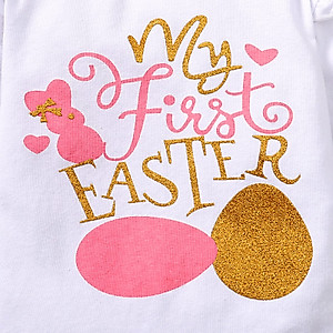 GRNSHTS Baby Girl My First Easter Outfits Infant Letter Print Long Sleeve Romper+Bunny Pants+Headband 3Pcs Clothes (White,6-9M)