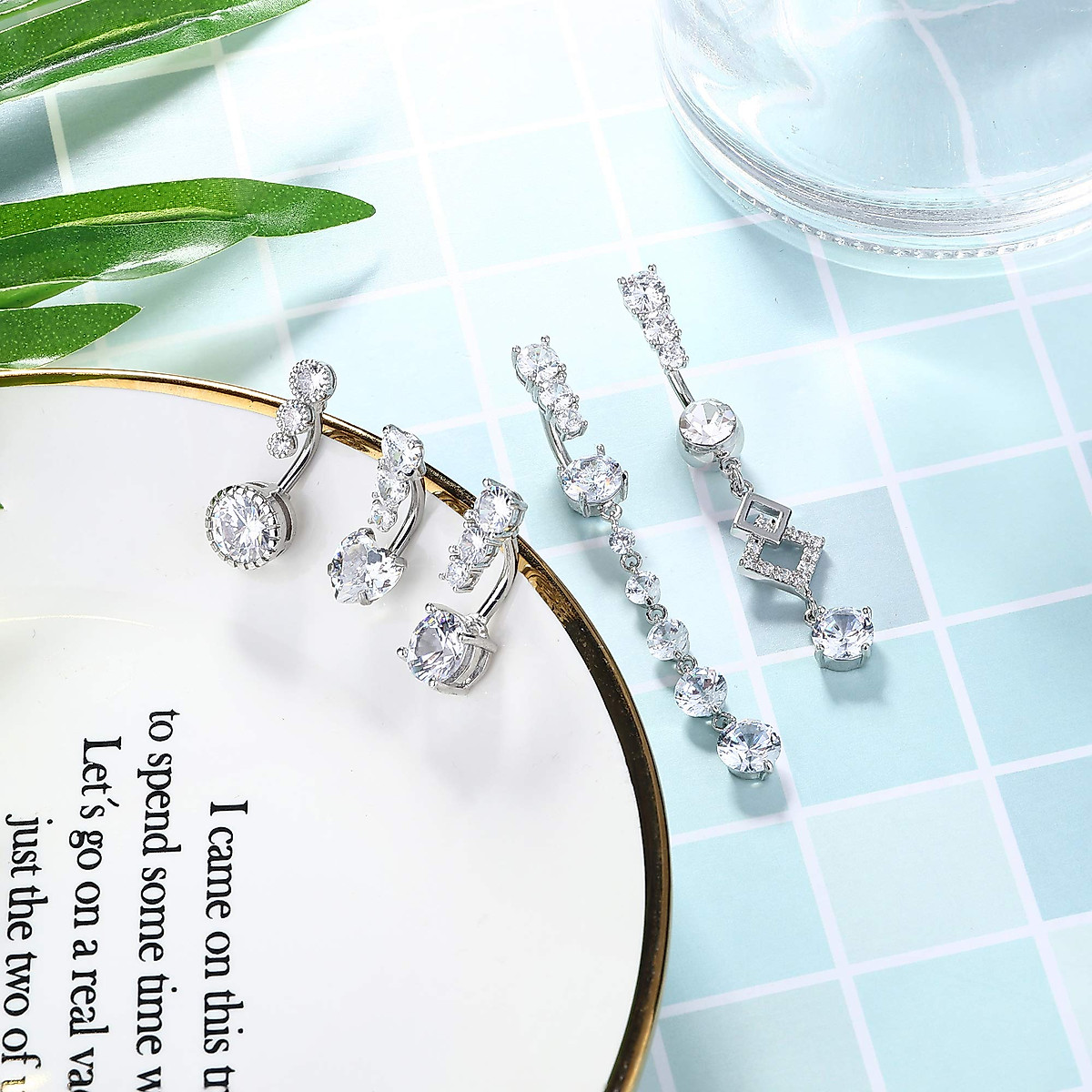 FIBO STEEL 8Pcs Belly Button Rings Dangle 316L Surgical Steel Belly Rings Dangling for Women Heart CZ Long Cute Navel Barbell Body Belly Piercing Jewelry Silver 14G