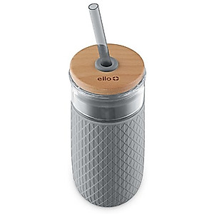 Ello Devon Glass Tumbler with Protective No Sweat Silicone Sleeve and Splash Proof Wooden Detail Lid with Straw, 18 oz