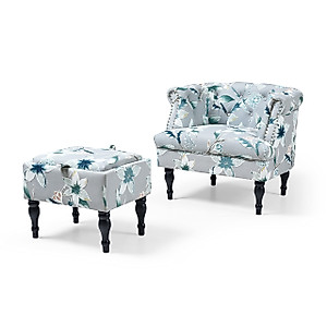 Upholstered Velvet Accent Chair with Ottoman Set for Living Room Modern Button Tufted Arm Chair and Storage Ottoman with Tray Contemporary Single Sofa Reading Chair Footrest Stool (Flower)