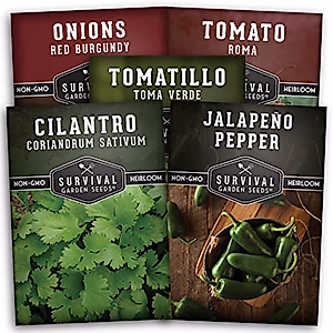 Survival Garden Seeds Salsa Collection Seed Vault - Tomatillo, Tomato, Onion, Jalapeño, Cilantro - Non-GMO Heirloom Seeds for Planting - Grow Vegetables at Home