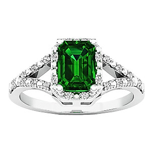 Dazzlingrock Collection 7x5mm Emerald Shape Lab Created Emerald & White Diamond Split Shank Engagement Ring for Women in 925 Sterling Silver Size 5