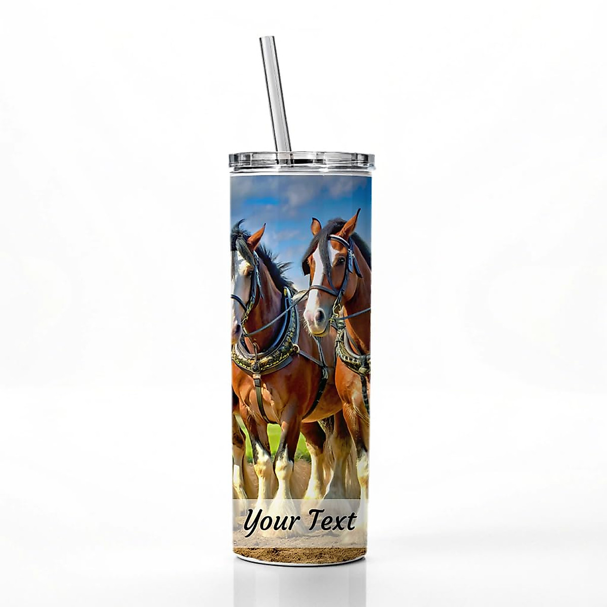 Personalized Custom Name Text Clydesdale Horses Skinny Tumbler 20oz with Straw Insulated Water Bottle Gift - 1 Line Horizontal