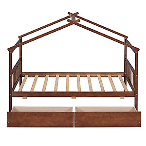 Twin Size House Bed with 2 Storage Drawers Wooden Kids Montessori House Bed Frame Wood Playhouse Tent Bed for Girls Boys Teens, Walnut