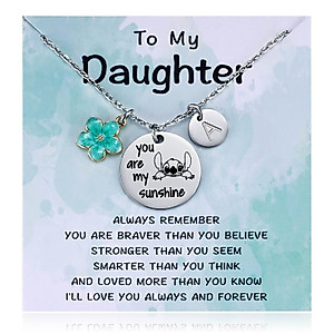 MIXJOY To My Daughter Stitch Gifts You are My Sunshine Initial A Stitch Necklace&Sentimental Message Card for Teen Young Daughter Lilo and Stitch Jewelry Birthday