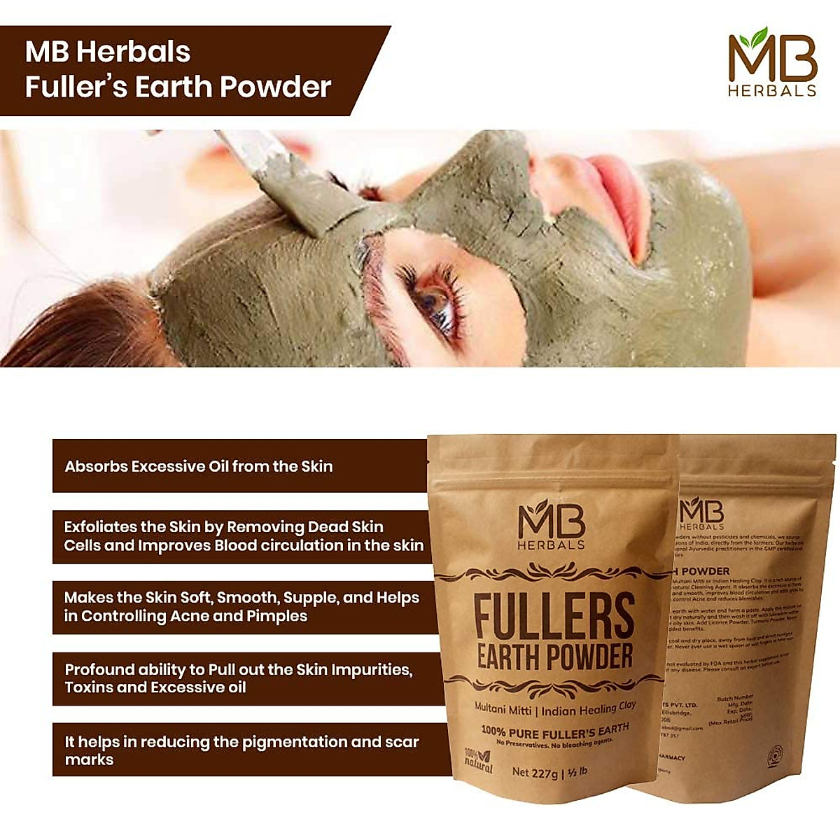 MB Herbals Fullers Earth Powder 8 oz | 0.5 lb | Fuller's Earth Powder | Multani Mud Mitti | Indian Healing Clay | Bentonite Clay | 100% Pure No Added Fragrance | Natural Face Pack
