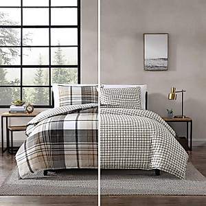 Eddie Bauer - King Duvet Cover Set, Reversible Microsuede Bedding Set with Matching Shams, Casual Home Decor (Normandy Plaid Black, King)