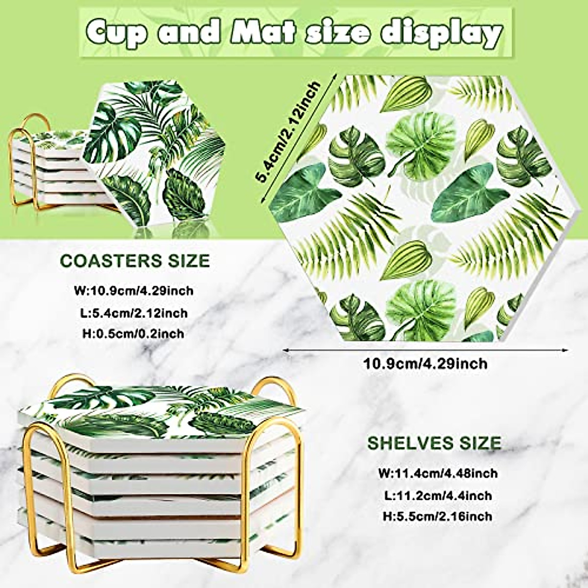 6 Pcs Plant Coasters with Holder Gold Absorbent, Drink Coasters Hexagon Farmhouse Ceramic Table Coaster Set Cute Coasters, Decorative Bar Wine Coasters Coffee Cup Coasters, Greenery Leaves Design