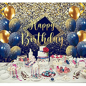 Negeek 7x5FT Polyester Fabric Royal Blue and Gold Glitter Backdrop Balloons Photography Background for Prince Prom Birthday Party Decoration Cake Table Decor Portrait Photo Banner Photo Booth