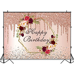 InMemory Glitter Rose Gold Birthday Backdrop Burgundy Flower Happy Birthday Photography Background Pink Gold Floral Backdrops for Women Girl Adult Bday Party Decorations Banner Photo Booth Props 7x5ft