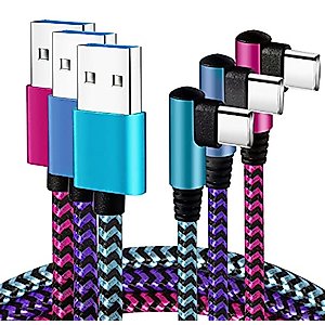 Teeind USB Type C Cable 2.1A Fast Charging: [90 Degree/6ft/3Pack] Nylon USB C Cord Right Angle Compatible with Samsung Galaxy S10/S10e/9/Note 10, USB C Charger-Blue/Magenta/Purple