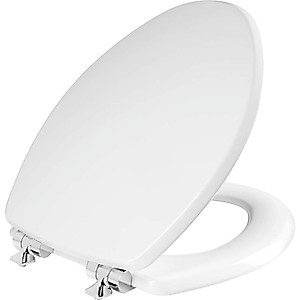 Mayfair Benton Toilet Seat with Chrome Hinges, Slow Close Wood Seat, Secure Metal Hinges, Easy Install, Elongated, White