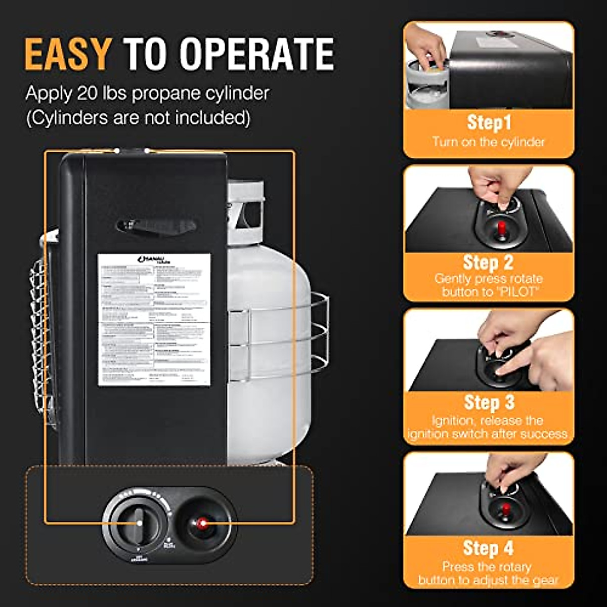 SANAUVULCAN Propane Heater, 18,000 BTU Portable Radiant Heater for Garages, Construction sites and yards,Quiet Propane Radiant Heater with Gas Regulator and Hose, Heating Area Up to 450 sq. Ft(Black)