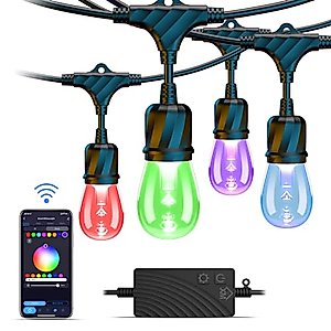 XMCOSY+ Patio Lights, 49Ft Smart Outdoor String Lights RGBW, 15 LED Bulbs, APP & WiFi Control, Compatible with Alexa, IP65 Waterproof String Lights for Outside, Color Changing Outdoor Patio Lights