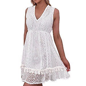 Dresses for Women 2023 Wedding Guest Ladies Sleeveless Embroidery Tassel Lace Trim Stitching Casual Fashion Dress White