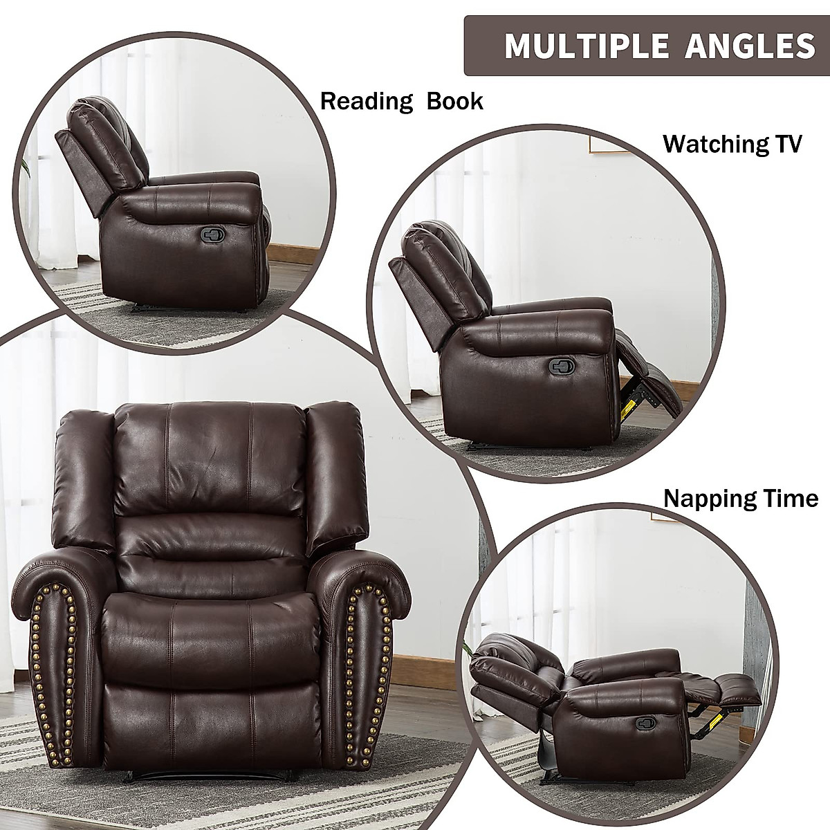 CANMOV Leather Recliner Chair, Classic and Traditional Manual Recliner Chair with Comfortable Arms and Back Single Sofa for Living Room, Brown