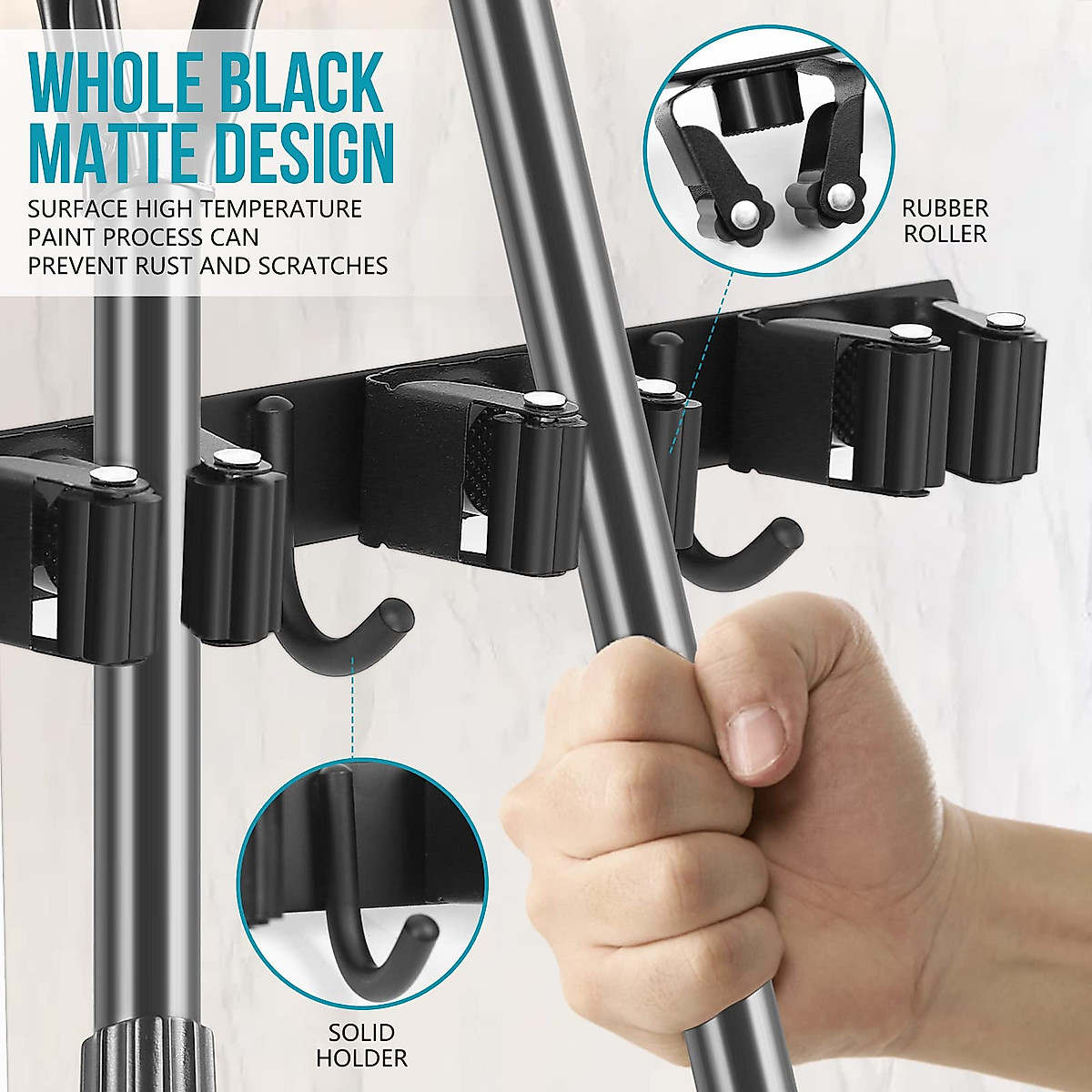 COOKCUTE Broom Holder Wall Mount, 5 Slots 4 Hooks Black Stainless Steel Broom Organizer Wall Mount Mop and Broom Holder Wall Mounted Heavy Duty, Broom Hanger Self Adhesive, Mop Holder Garage Shelving
