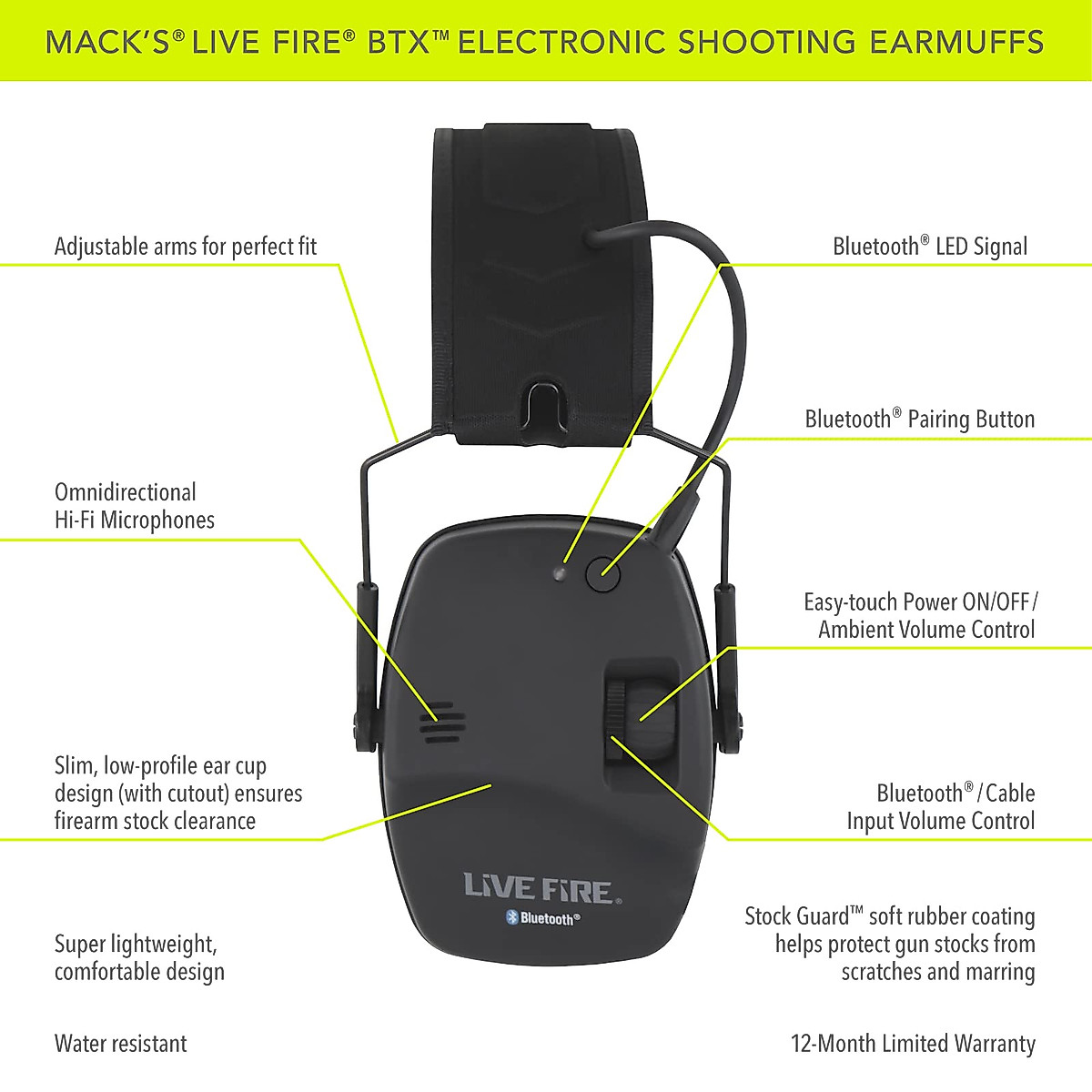 Mack's Live Fire BTX Electronic Shooting Earmuffs with Bluetooth Wireless Technology for Hunting, Tactical, Target, Skeet and Trap Shooting