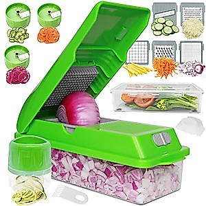 Vegetable Chopper - 11 in 1 Pro Mandoline Slicer - Onion Chopper, Cheese Grater, Food Slicer- Spiralizer Included - Enlarged Storage Container with Lids - Easy and Efficient Cutting Tool for Busy Cook