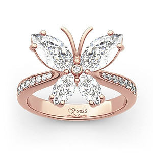 Jeulia Sterling Silver Rose Gold-Plated Butterfly Ring Band for Women Girls Romantic Diamond Jewelry for Her Wedding Birthday Mother's Day Anniversary with Gift Box (Butterfly, 6)