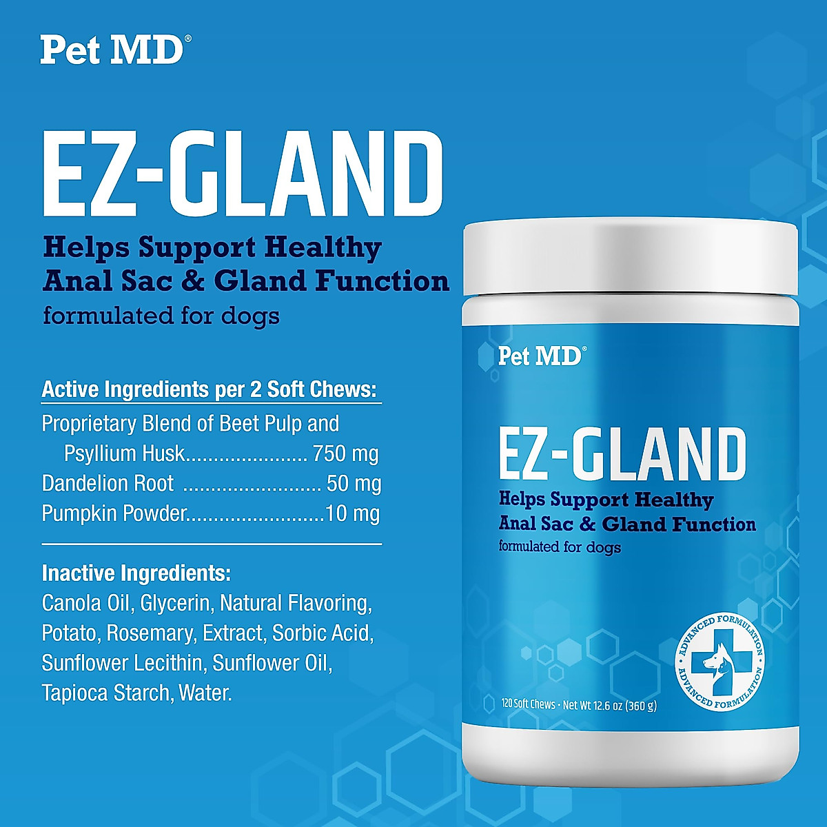 Pet MD EZ Gland - Dog Anal Gland Chews with Pumpkin and Fiber for Dogs for Digestive Support, Constipation Relief, and Stool Firmer - 60 ct Soft Chews