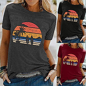 wodceeke Retro Beach Print T-shirt For Women Short Sleeve Round Neck Basic Tee Summer Casual Sports Tops (Dark Gray, M)