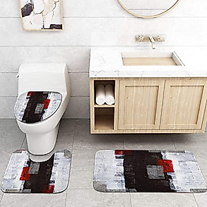 4 Piece Shower Curtain Sets, with 12 Hooks, Red Grey Black Abstract Contemporary Gallery with Non-Slip Rugs, Toilet Lid Cover and Bath Mat, Durable and Waterproof, for Bathroom Decor Set, 72" x 72"