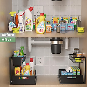 ZHLMIEEX Under Sink Organizer, Pull Out Cabinet Organizer 2-Tier L Shaped Metal Slide Out Sliding Shelf Under Cabinet Storage Multi-Use for Under Kitchen Bathroom Sink Organizers and Storage