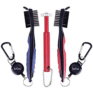 SportsGenics Golf Brush (Pack of 2) with a Golf Club Groove Sharpener - Double Sided Golf Club Cleaner - 6 Head Golf Groove Sharpener for Sharpening - Golf Club Cleaning kit - Golf Accessories