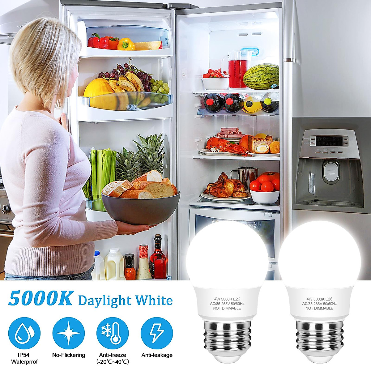 LED Refrigerator Light Bulb 40 Watt Equivalent, 120V Fridge Appliance Light Bulb 4W Daylight White 5000K, Waterproof A15 Fridge Light Bulbs 450LM, E26 Freezer Light Bulbs Non-dimmable, 2Packs