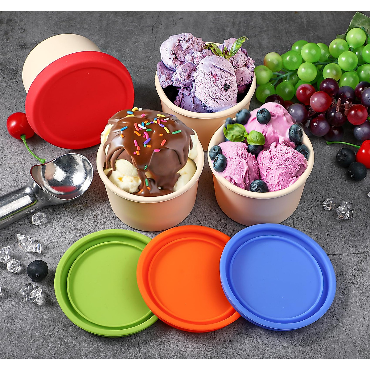 Webake Silicone Ice Cream Containers with Lids, 8oz Homemade Ice Cream Cups Reusable Freezer Storage Containers, Set of 4