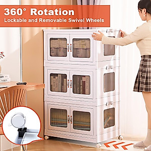 MOPUP 555 Quart Collapsible Storage Bins,3 Packs Plastic White Closet Organizers Storage with Lids,Dual Open Stackable Bins with Wheels for Home and Office