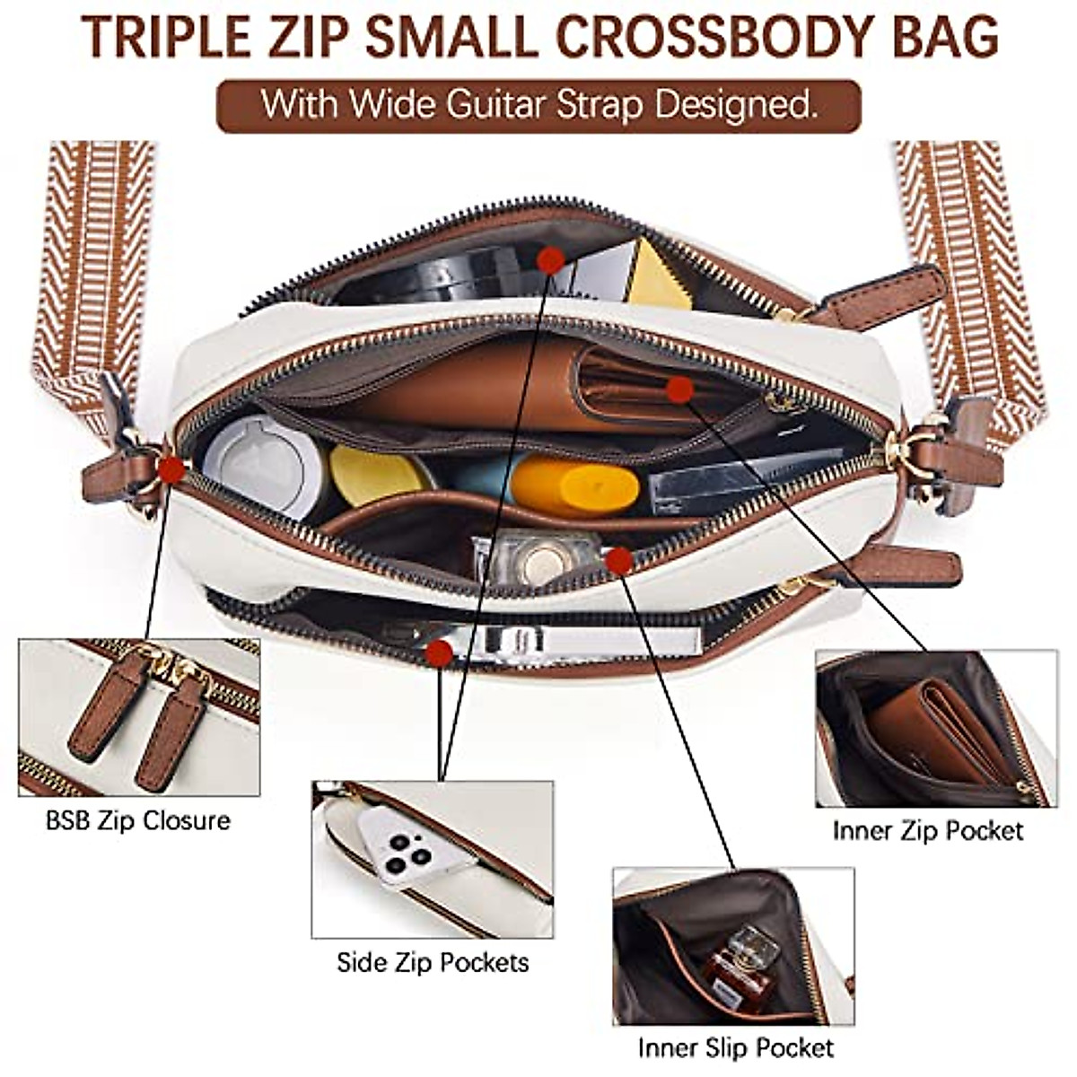 BOSTANTEN Small Crossbody Purse for Women Triple Zip Cell Phone Leather Shoulder Handbag with Wide Guitar Strap Beige with Brown