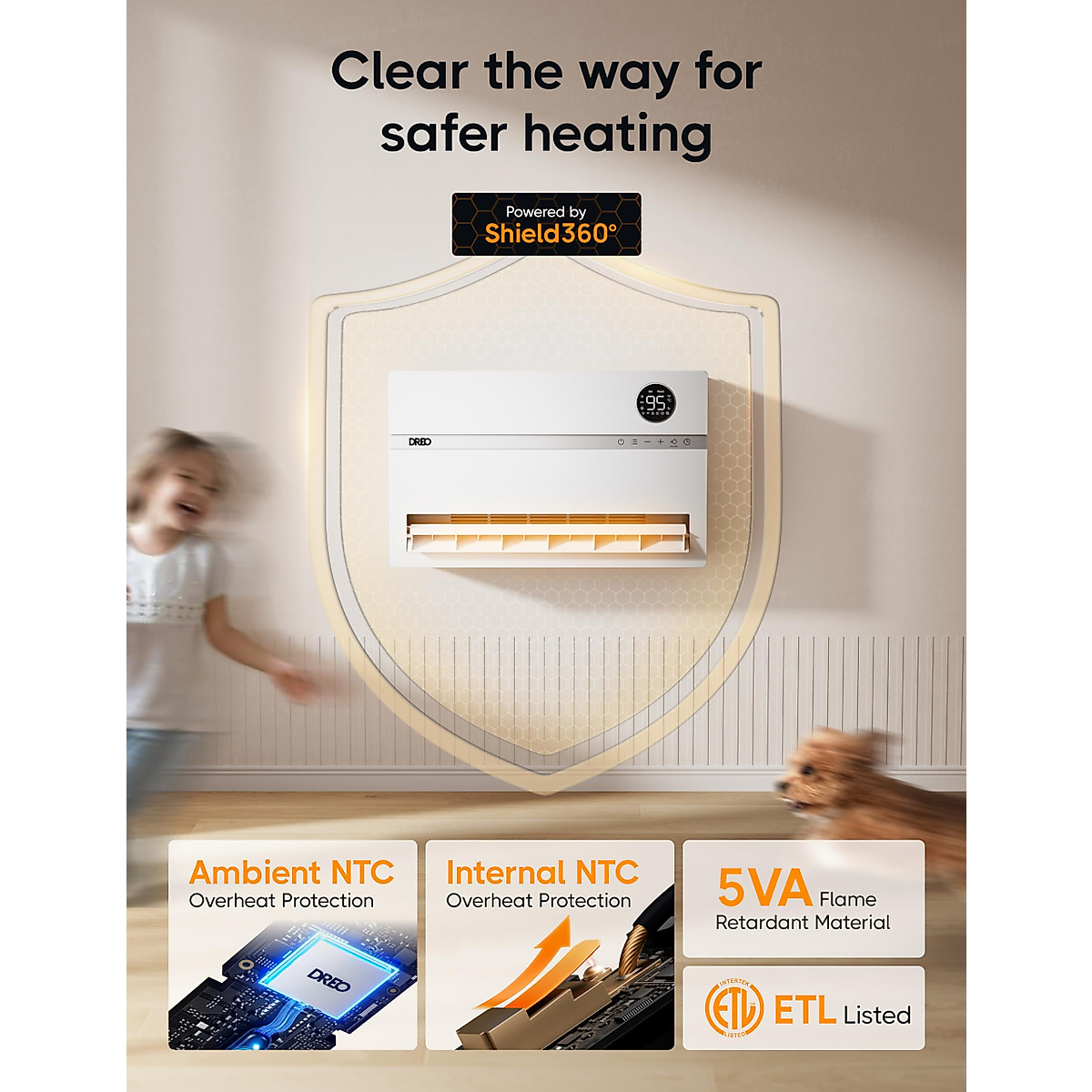 Dreo Smart Wall Heater, Electric Space Heater for Bedroom 1500W, 120° Vertical Oscillation, Adjustable Thermostat, Remote Control, 24H Timer, Easy-Mount Heater for Indoor Use, Works with Alexa, WH719S