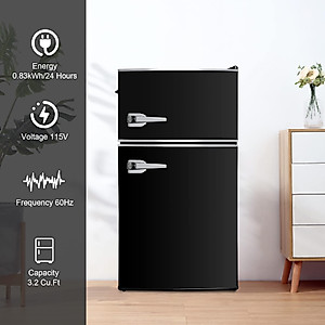 E-Macht 3.2 Cu.Ft Small Refrigerator with Freezer, 2 Door Black Mini Fridge, Energy Saving, Adjustable Thermostat Control, Adjustable Legs, Perfect for Apartment/Office/Dorm/Garage