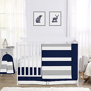 Sweet Jojo Designs Navy and Grey Stripe Baby Boy Girl Nursery Crib Bedding Set - 4 pieces - Blue, Gray and White Gender Neutral