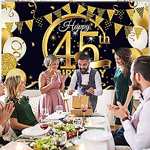 Birthday Party Decoration Extra Large Fabric Black Gold Sign Poster for Anniversary Photo Booth Backdrop Background Banner, Birthday Party Supplies, 72.8 x 43.3 Inch (45th)