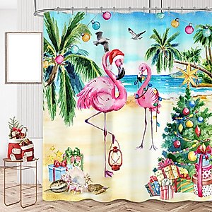 Christmas Flamingo Shower Curtain, Pink Tropical Beach Themed Funny Xmas Hat New Year Holiday Fabric Bath Curtains, Winter Palm Leaves Bathroom Bathtubs Decor with Hooks
