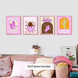 Pink Western Cowgirl Theme Wall Art Aesthetic Poster Preppy Room Decor, Retro Cowgirl Canvas Print, Glamour Cowgirl Wall Art for Girls Room College Dorm Room Decoration, Set of 4-(8"x10" Unframed)
