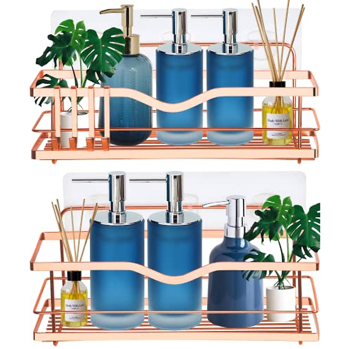 BABYLION1 Rose Gold Bathroom Organizer Shelf – 2 Pack Shower Caddy Baskets with 4 movable Hooks – Rustproof Stainless Steel Strong Adhesive Cute Storage Decor Rack for Inside Shower, Kitchen