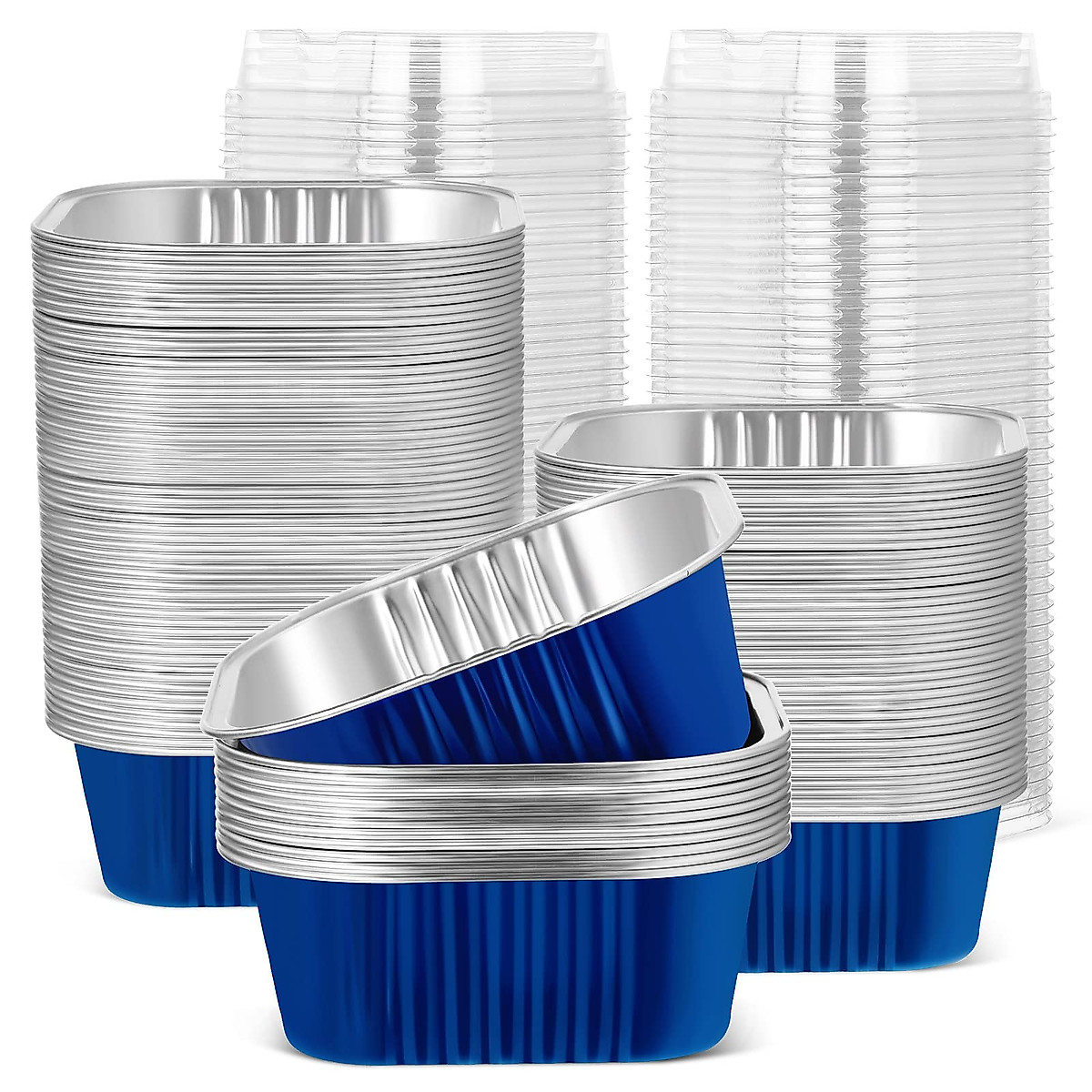 50 Pcs Aluminum Foil Baking Cups with Lids 10 oz Square Baking Cups Disposable Ramekins with Lids for Flans Snacks Pudding Pan Tin Wedding Catering Party Favor (Royal Blue)