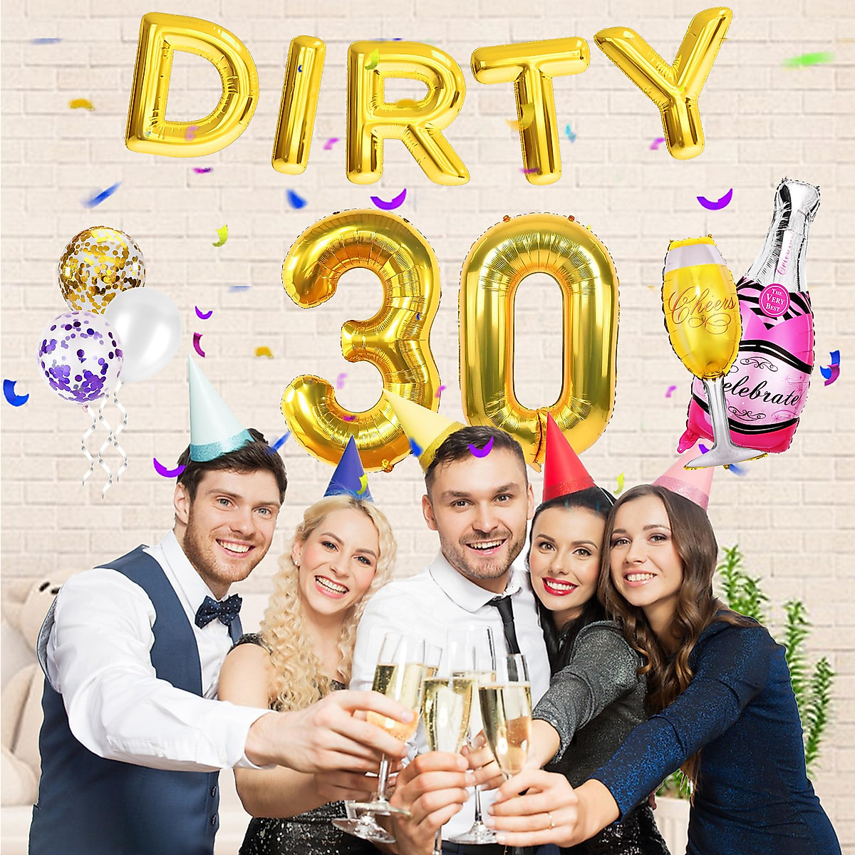 12PCS Dirty 30 Balloons, Gold Dirty Thirty Balloons/30th Birthday Decoration, Champagne Glass Balloon Decor for Men Women, Cheers to 30 Years Old Birthday Foil Balloons for Outdoor